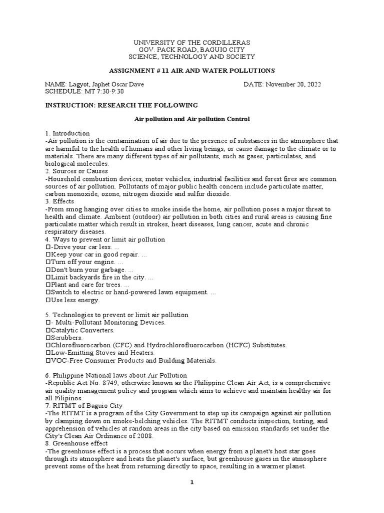 Assignment # 11 Air Pollution and Water Pollution | PDF | Water Pollution | Air Pollution