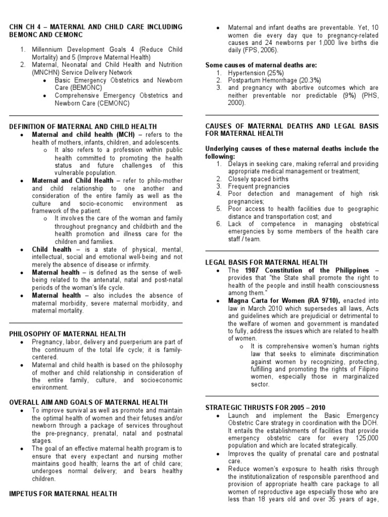 CHN CH 4 Maternal and Child Care Including Bemonc and Cemonc | PDF ...