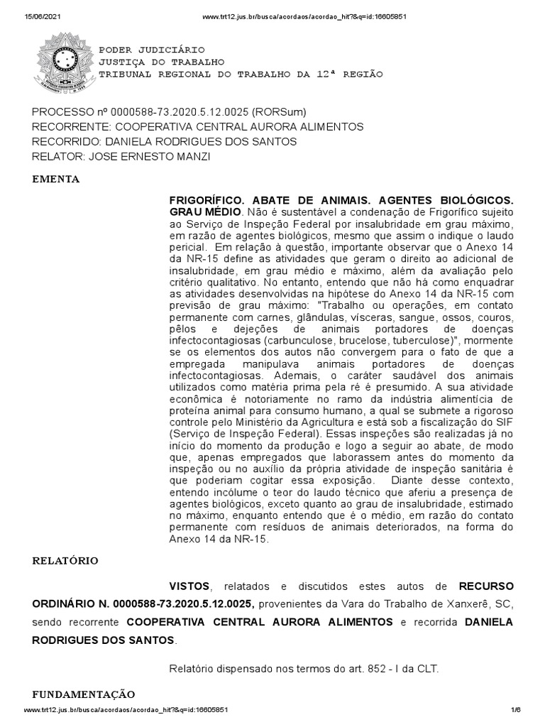 TRT 12 Reduz Adicional Insalubridade SEARA AURORA | PDF | Matadouro