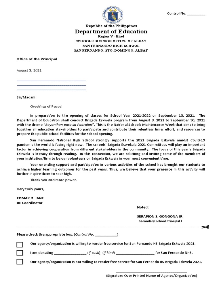 Brigada Eskwela 2021 Solicitation Letter | PDF