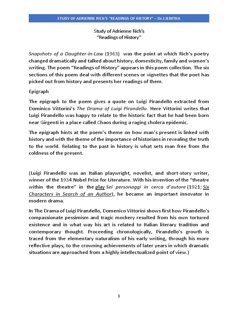 Readings of History Adrienne Rich PDF | PDF