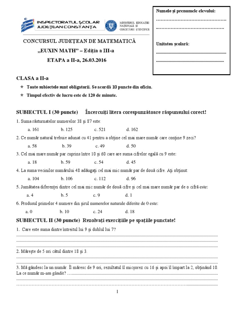 Euxin Math - Clasa A II A - Etapa Cerc | PDF