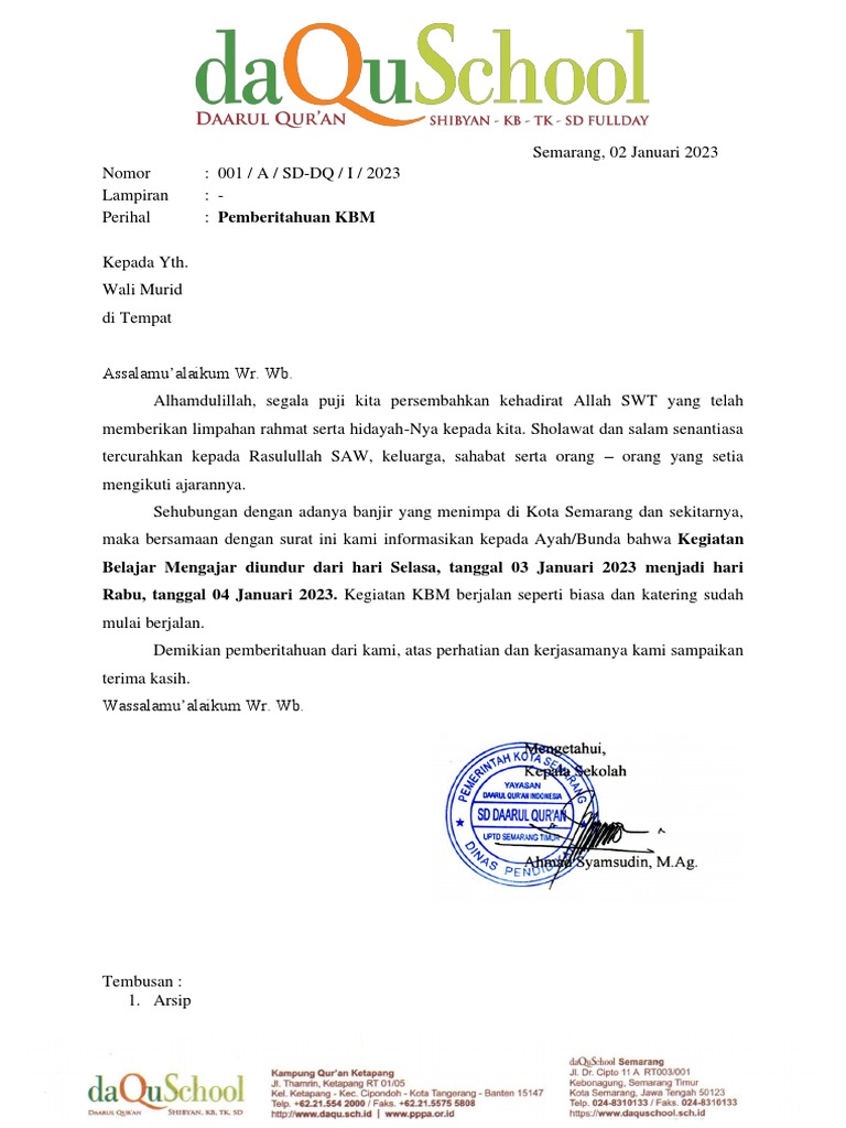 Pemberitahuan Penundaan KBM Daqu School | PDF