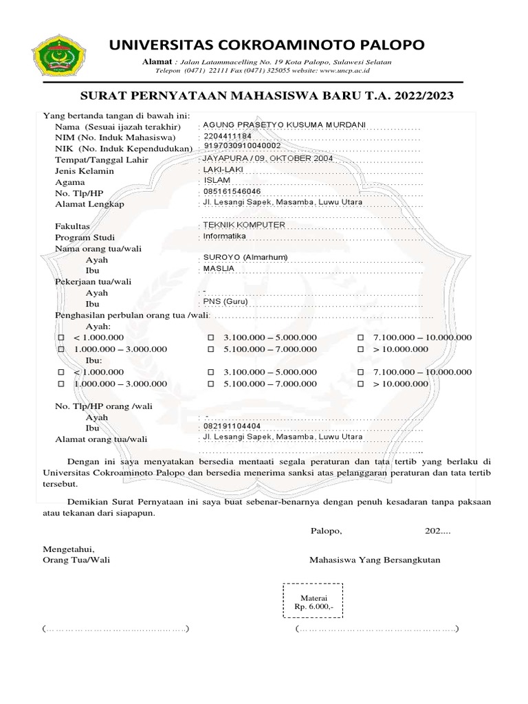 Surat Pernyataan Maba 2022-2023 | PDF | Olahraga & Rekreasi