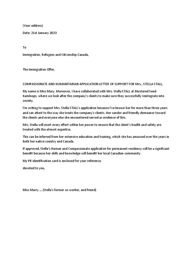 H&C Application Letter of Support | PDF