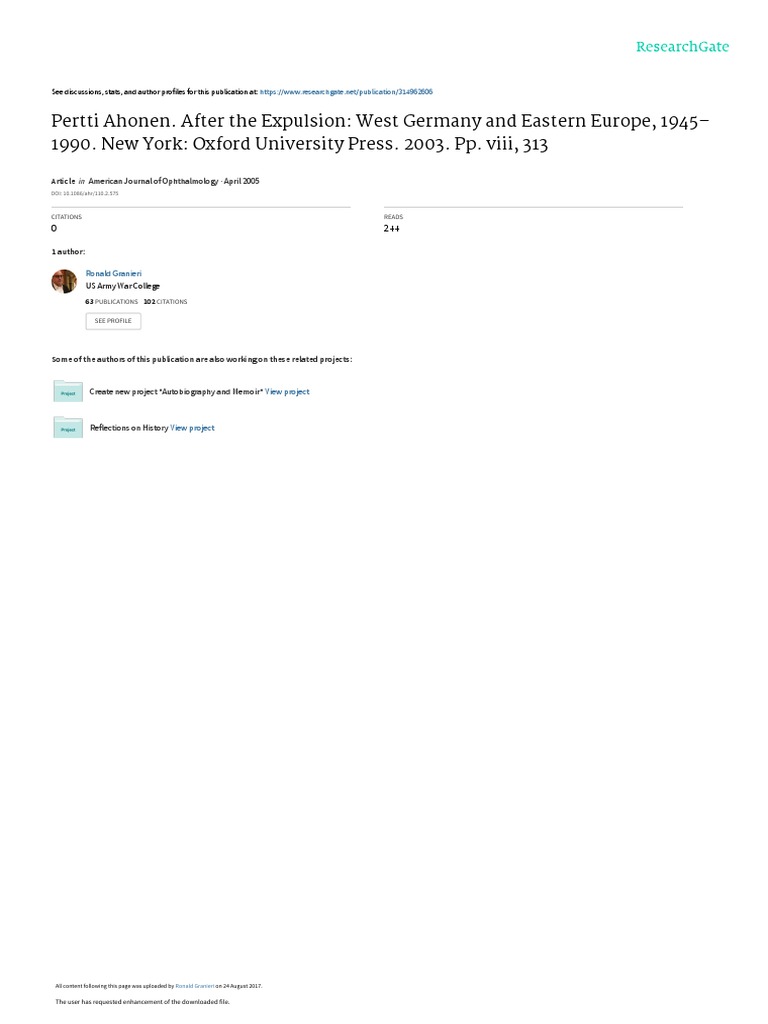 Pertti Ahonen After The Expulsion West Germany and | PDF | East Germany | Germany