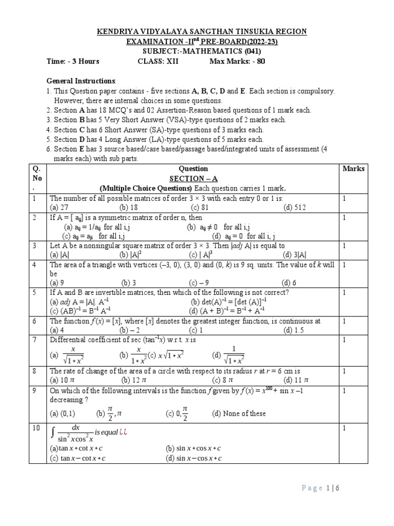 Class-XII-Maths-QP-KV NERIST | PDF
