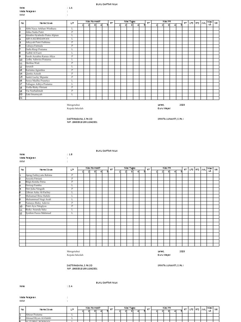 Daftar Nilai Buk Erni | PDF