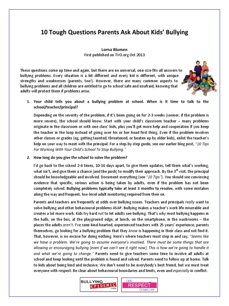 10 Tough Questions Parents Ask About Kids Bullying | Download Free PDF ...