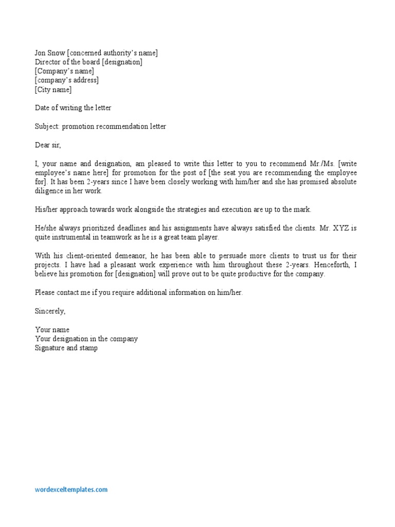 Recommendation Letter For An Employee To Be Promoted As A Supervisor | PDF