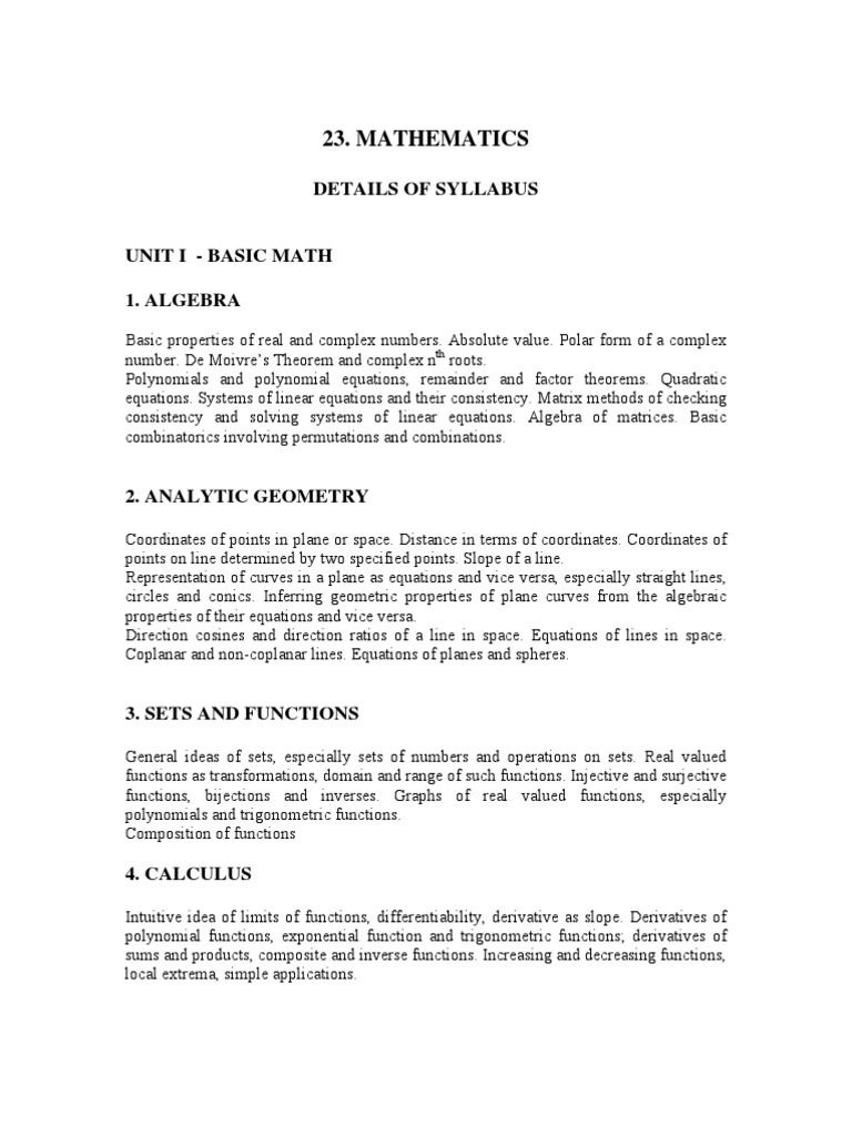 Mathematics: Details of Syllabus | PDF | Metric Space | Complex Number