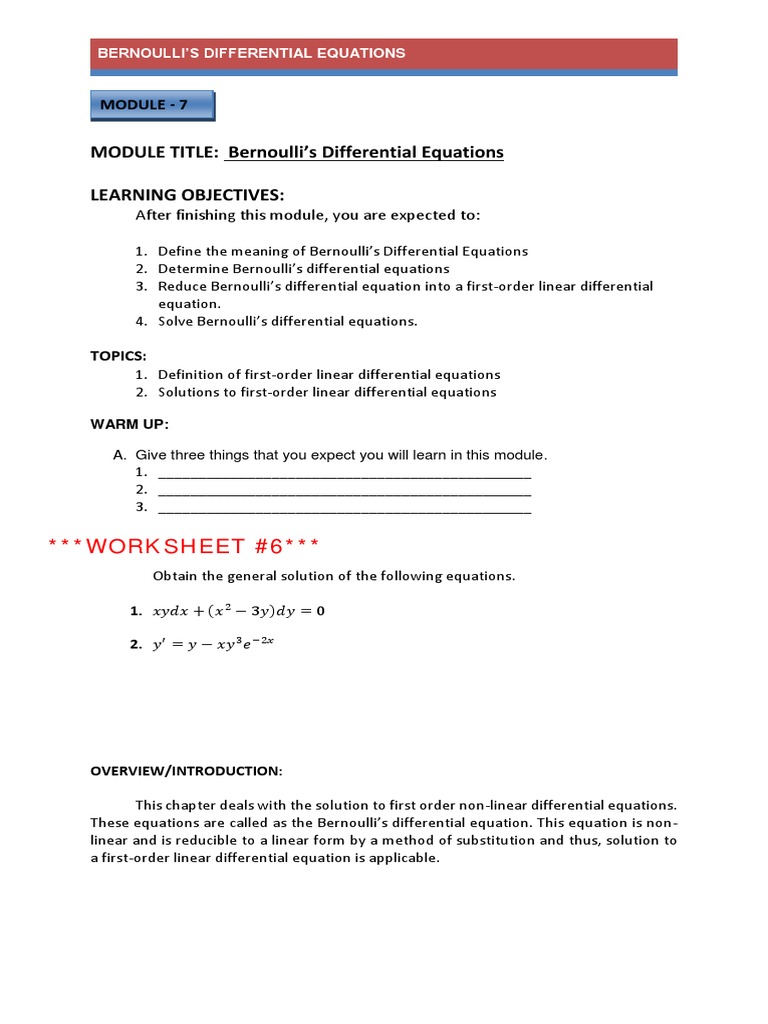 Bernoulli Differential Equations Guide | PDF | Differential Equations ...