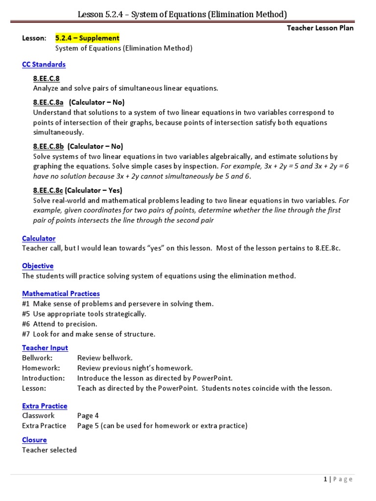 Lesson System of Equations (Elimination Method) | PDF | Equations | System Of Linear Equations