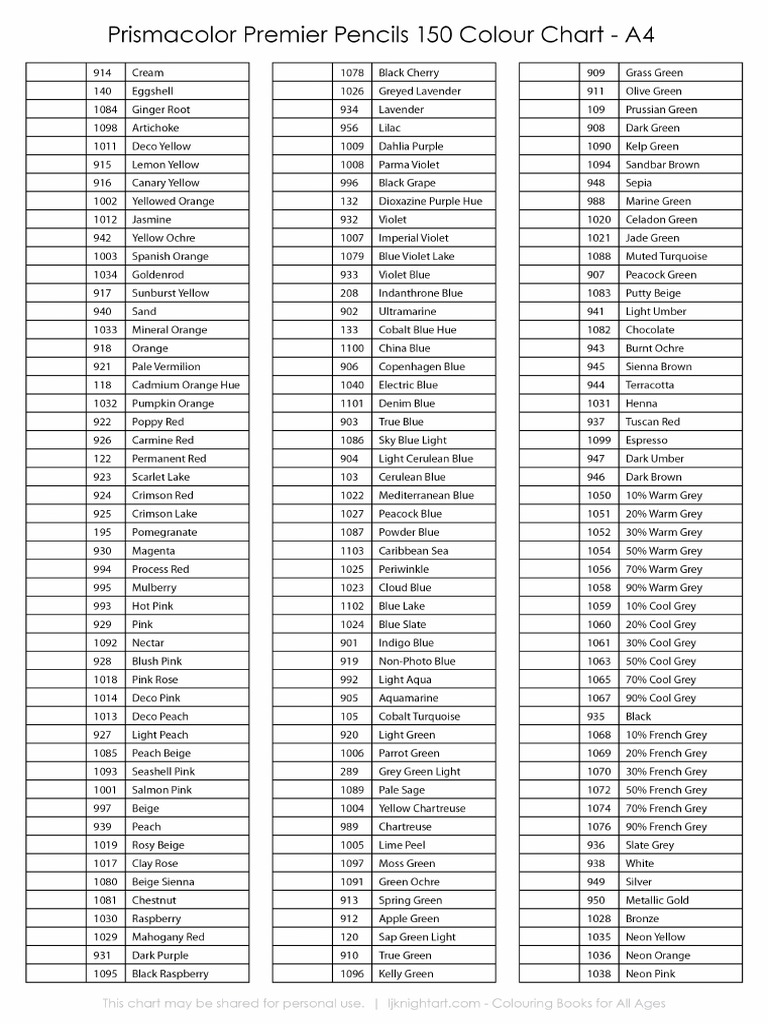 Prismacolor Premier Pencils 150 Colour Chart A4 | PDF