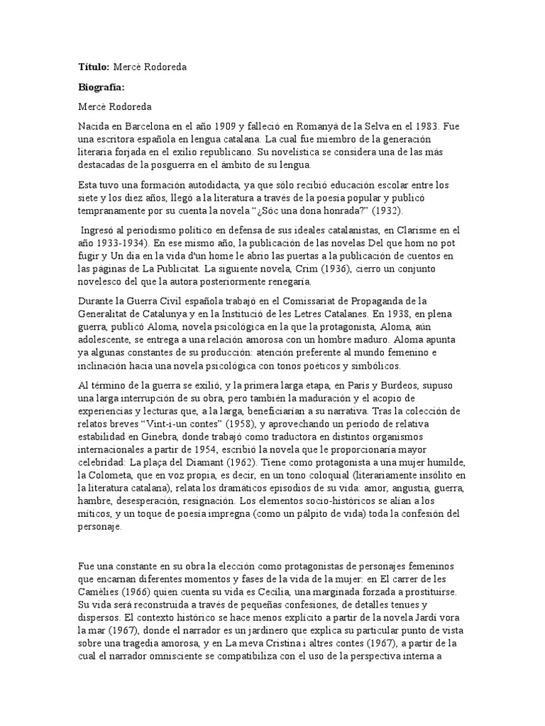 Mercè Rodoreda: Vida y Obras | PDF | Las artes