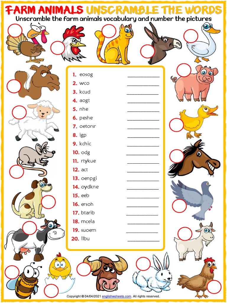 farm animals vocabulary esl unscramble the words worksheet for kids ...