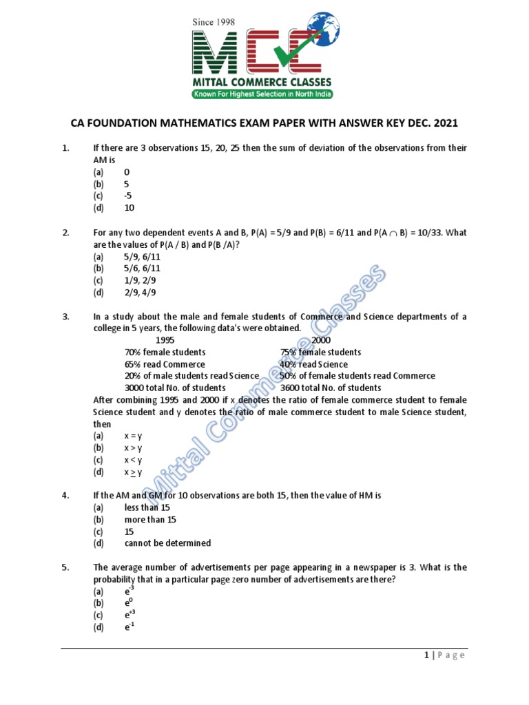 CA-Foundation-Maths-Exam-Paper-with-Answer-Key-Dec.-2021 | PDF | Mean ...