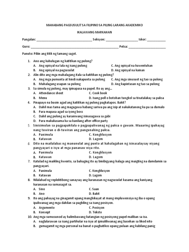 Mahabang Pagsusulit Sa Filipino Sa Piling Larang Akademiko | PDF