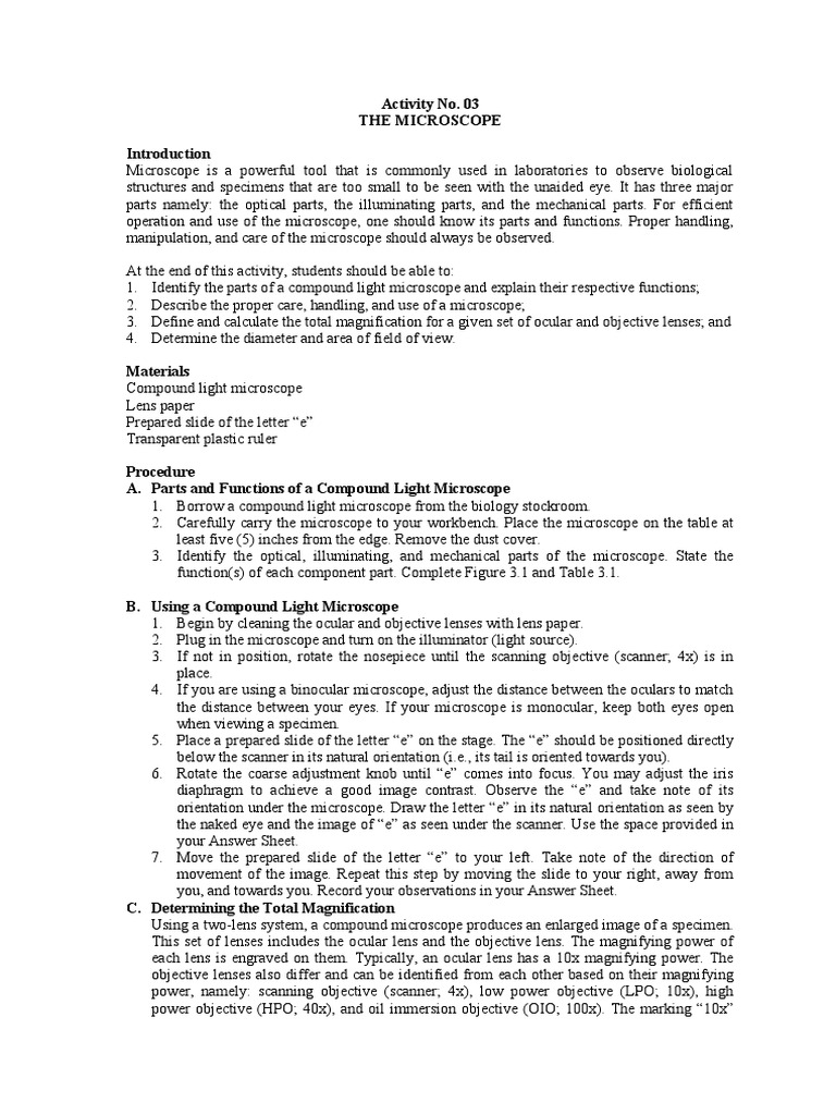 Microscope Lab Activity and Care Guide | PDF | Microscope | Field Of View