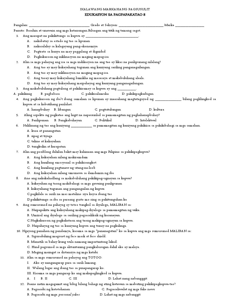 IKALAWANG MARKAHANG PAGSUSULIT Sa ESP 8 | PDF