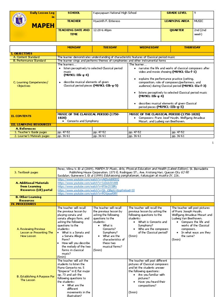 Classical Music Lesson Plan for Grade 9 | PDF | Classical Period (Music ...