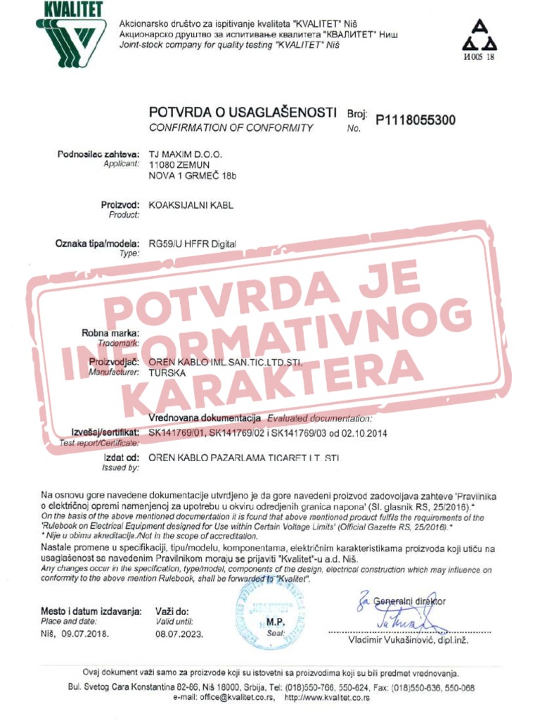 Potvrde o Usaglasenosti RG59 HFFR | PDF