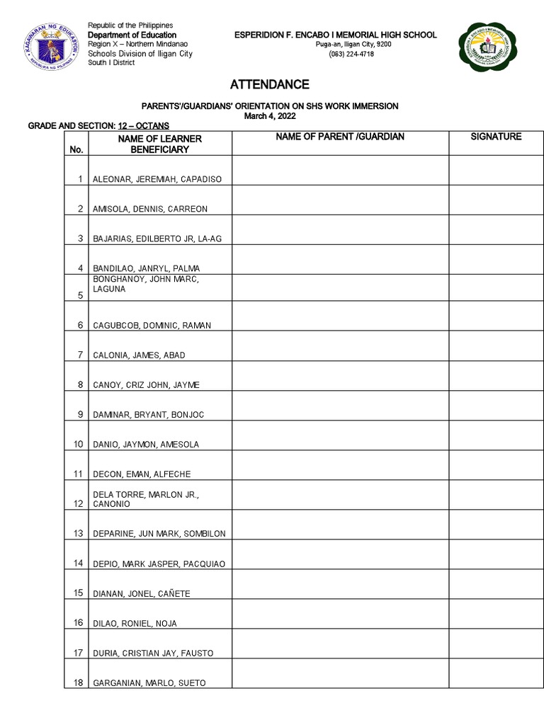 Attendance Sheet - Work Immersion Orientation | PDF | Philippines