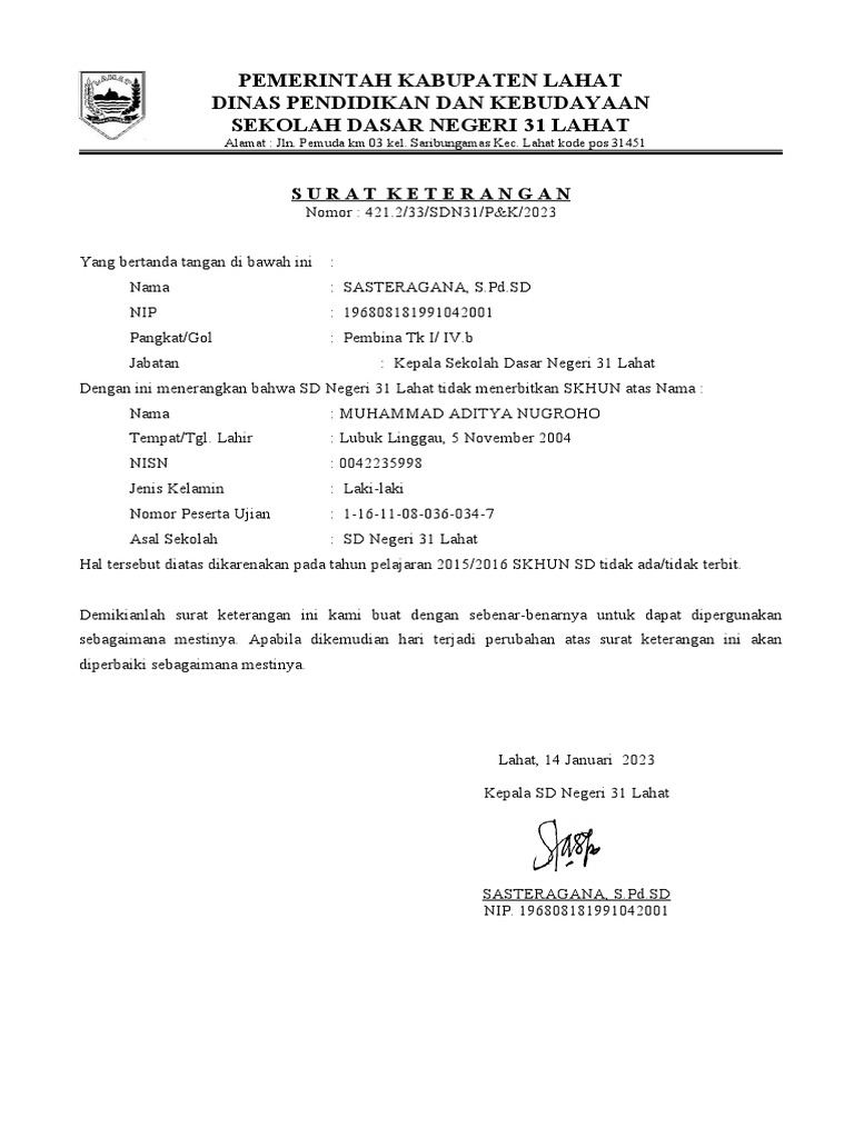 Surat Keterangan SKHUN SD Tidak Terbit | PDF