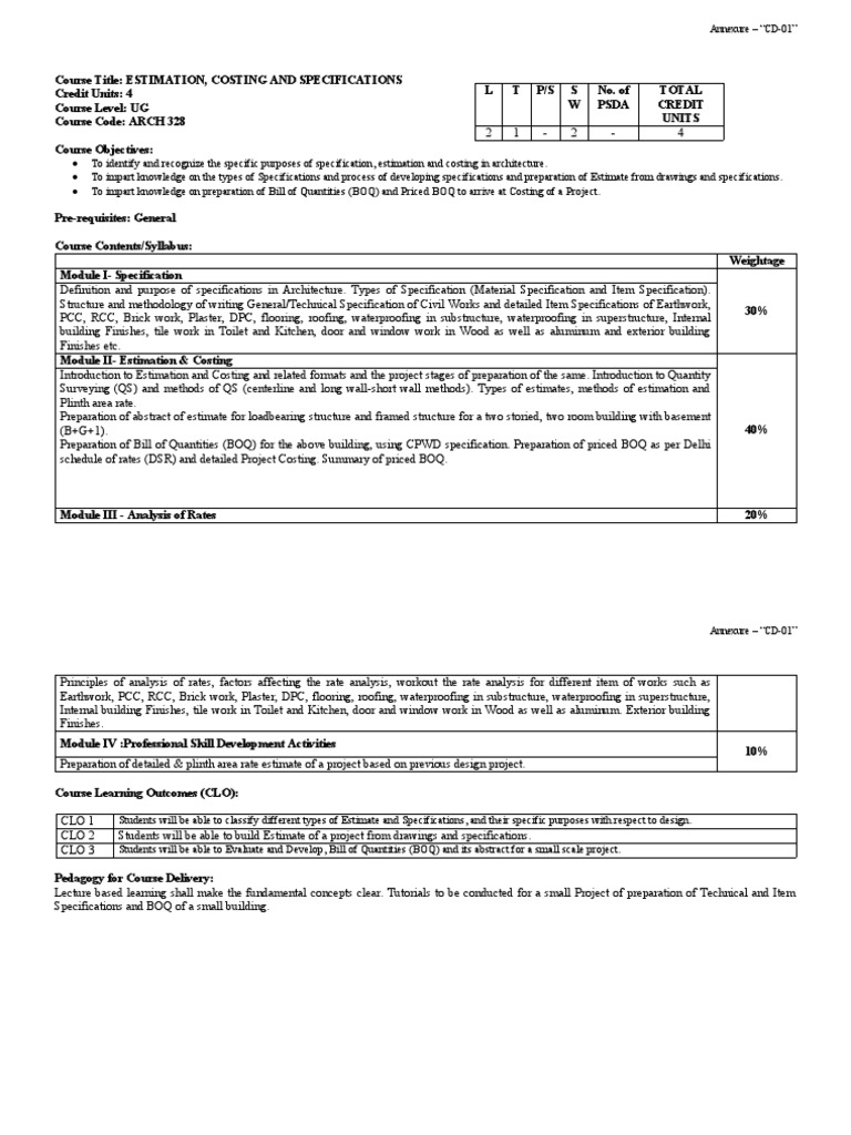 Estimation, Costing and Specifications | PDF | Specification (Technical Standard) | Economic Sectors