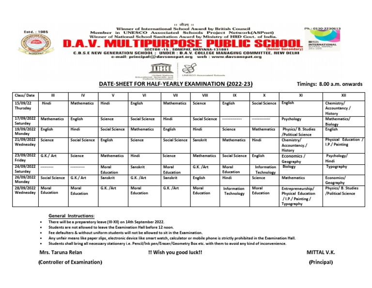 Datesheet of Half Yearly Exams 2022-23-1 | PDF | Science