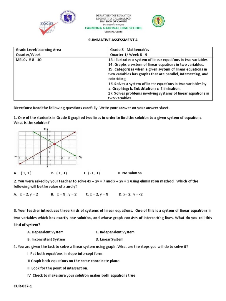q1 Summative Assessment 4 | PDF | System Of Linear Equations | Equations
