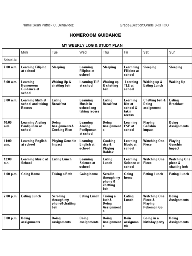 My Weekly Log Study Plan Pdf Meal Food And Drink