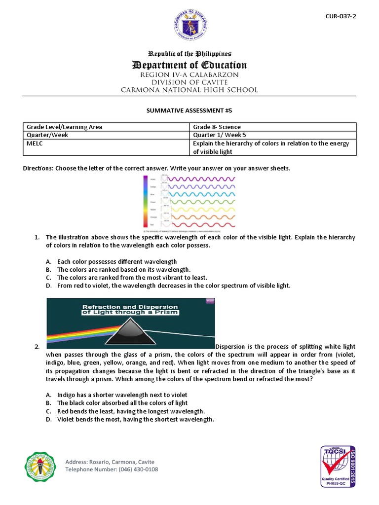 Melc5 Cur 037 2 Summative Assessment 5 | PDF | Color | Light