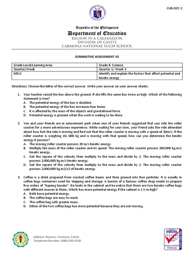 Melc3 Cur 037 2 Summative Assessment 3 | Download Free PDF | Kinetic Energy | Mass