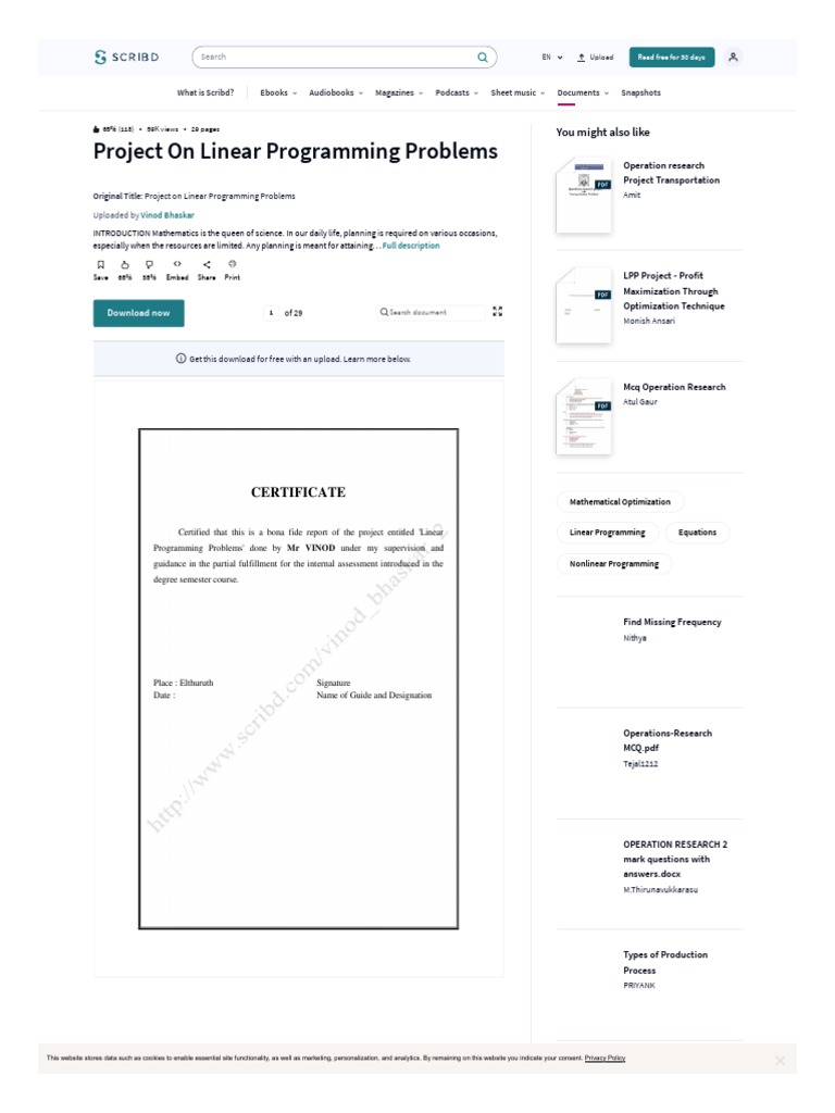 WWW Scribd Com Doc 92371104 Project On Linear Programming Problems ... WWW Scribd Com Doc 92371104 Project On Linear Programming Problems ...