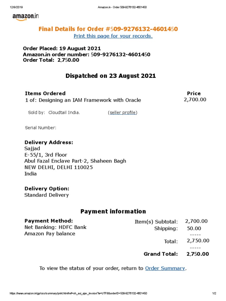 Amazon Order Summary for IAM Framework | PDF | Finance & Money Management