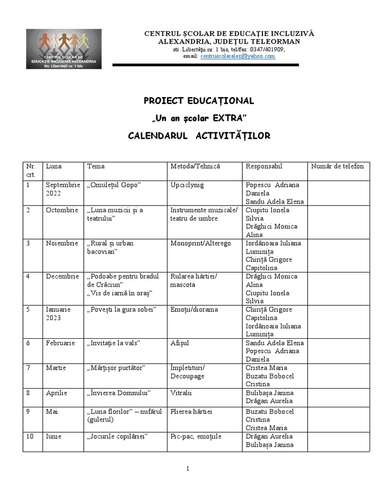 Calendarul Activitatilor - Un An Scolar EXTRA | PDF