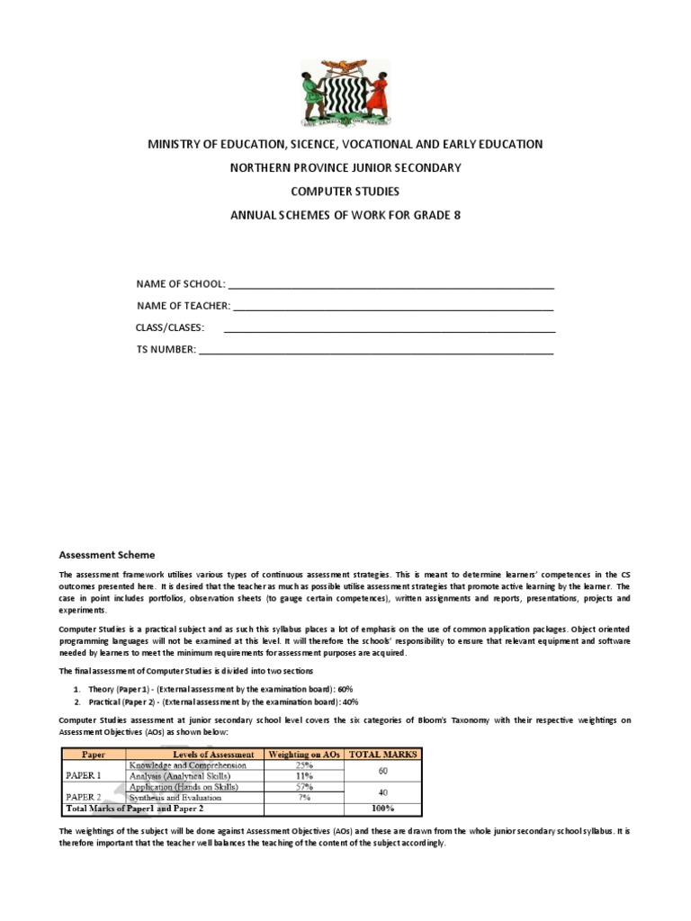 Grade 8 Computer Studies Common Schemes of Work | PDF