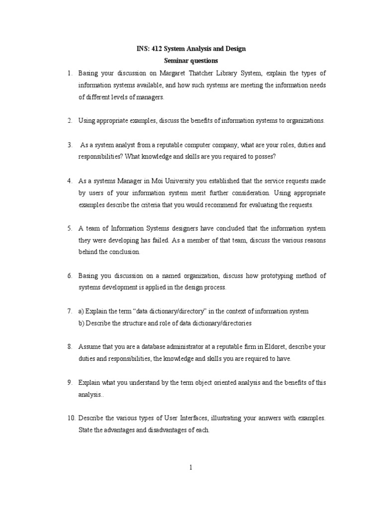 INS: 412 System Analysis and Design Seminar Questions | PDF ...