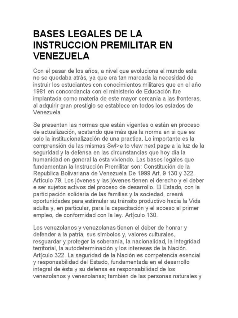 Bases Legales de La Instruccion Premilitar en Venezuela | PDF