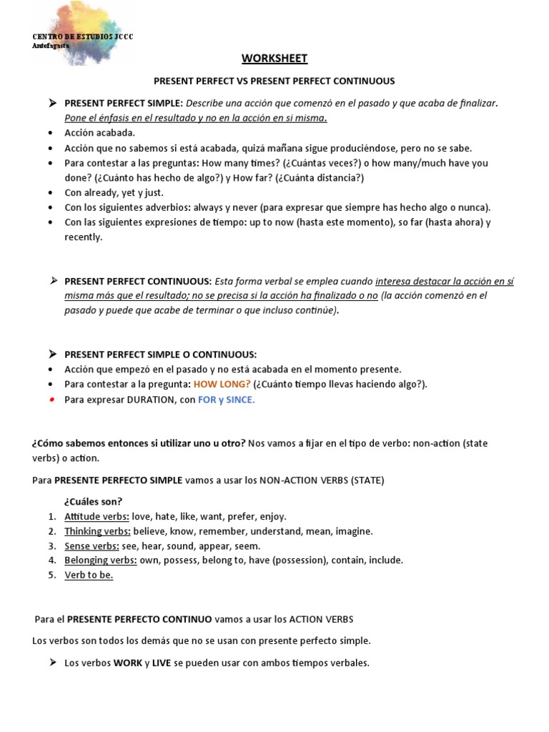 WORKSHEET Present Perfect Vs Present Perfect Continuous | PDF