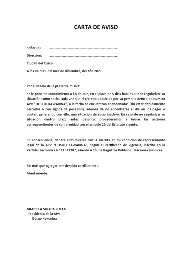 Carta de Aviso | PDF | Derecho