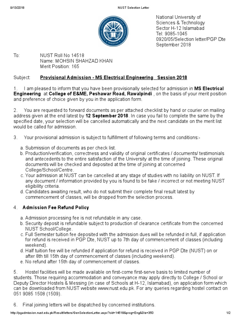 NUST Selection Letter | PDF