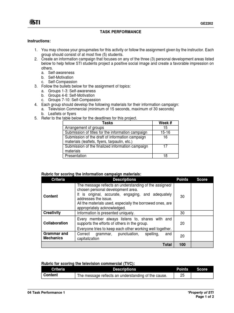 04 Task Performance 1 | PDF | Rubric (Academic) | Cognition