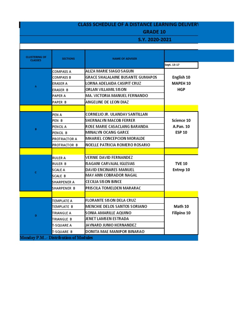 Grade 10 Schedule of Shuffling of Modules Per Adviser | PDF | Tools ...