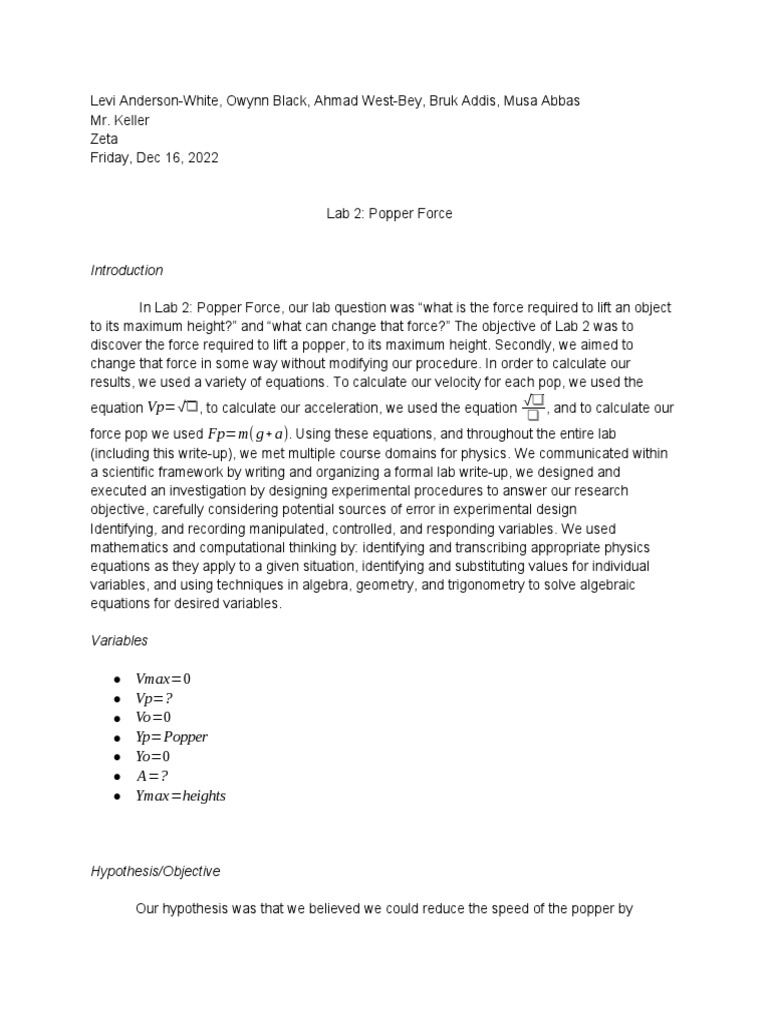 Lab 2 Popper Force Write-Up | PDF | Force | Equations