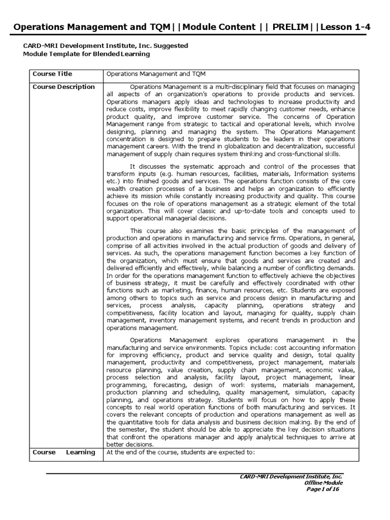 Om TQM Prelim | PDF | Operations Management | Supply Chain