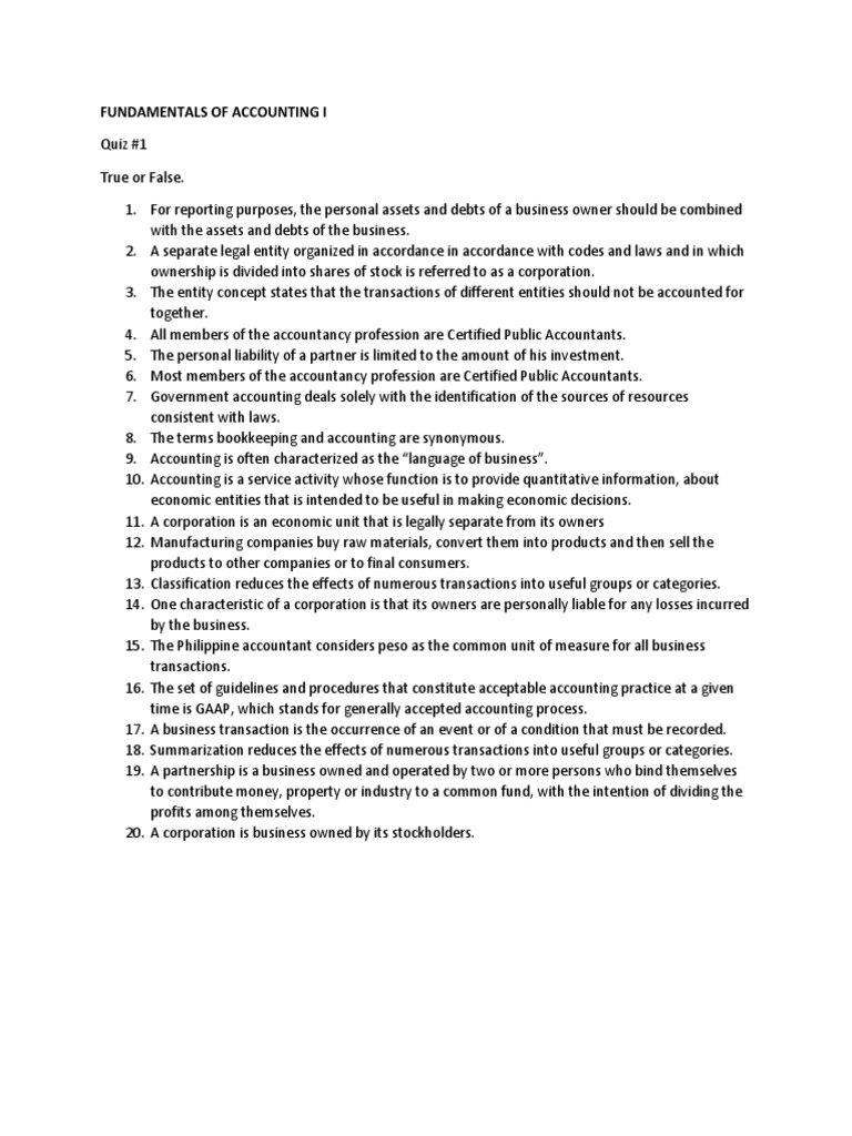 Accounting Fundamentals Quiz 1 | PDF | Business | Finance & Money ...