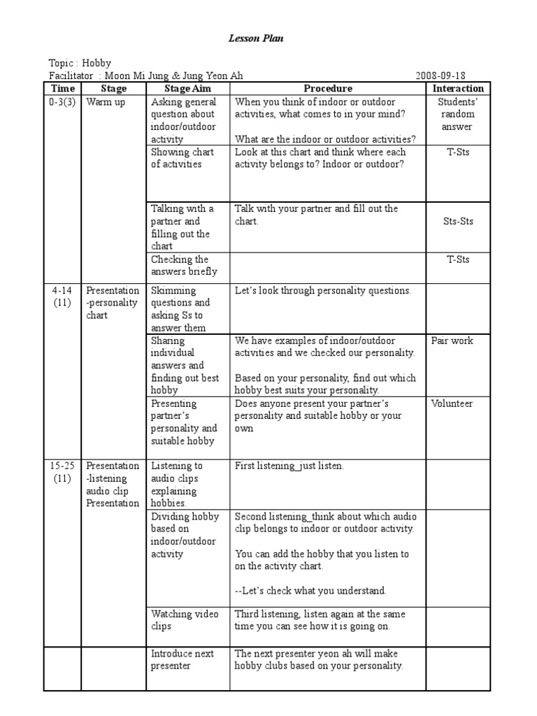 Lesson Plan (Hobby) B | PDF | Communication | Cognition