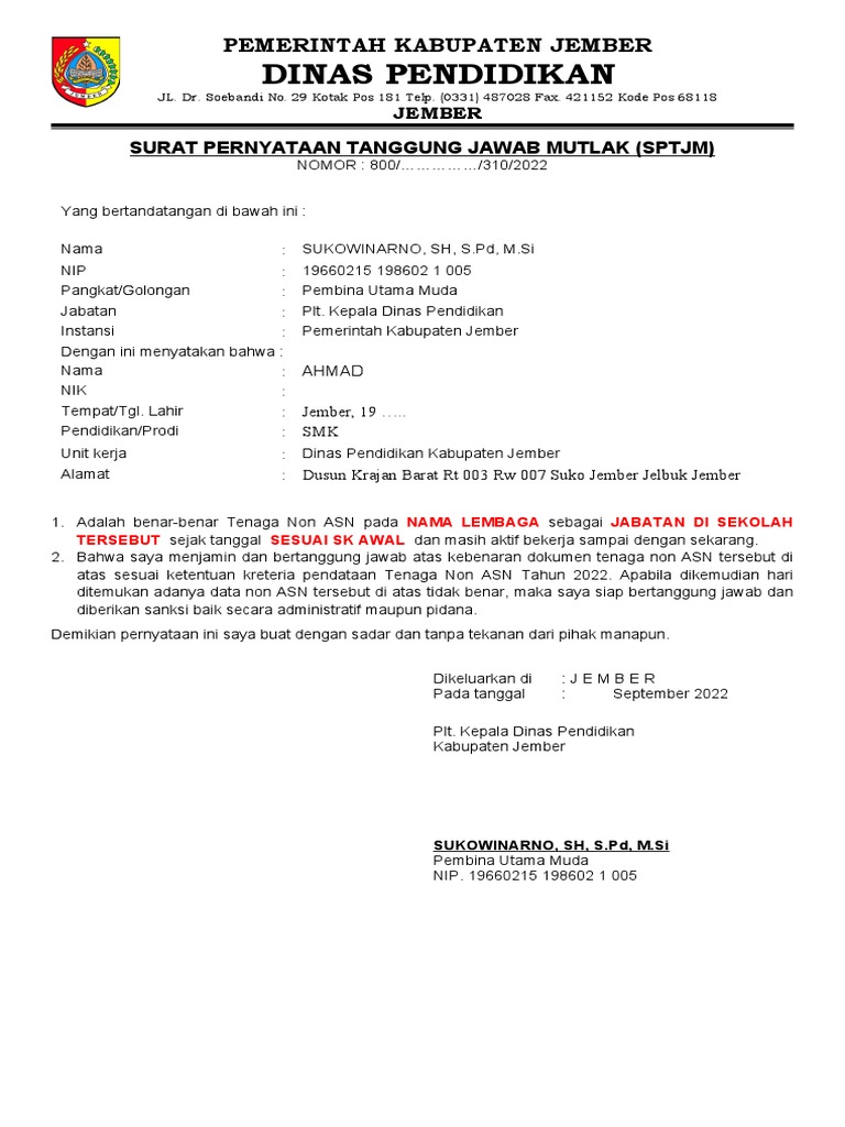 SPTJM 2022 Dinas Pendidikan | PDF